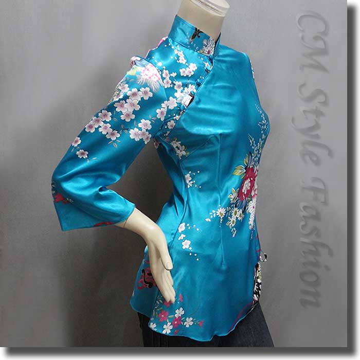 Chinese Cheongsam Qipao Floral Satin Tunic Top Blue